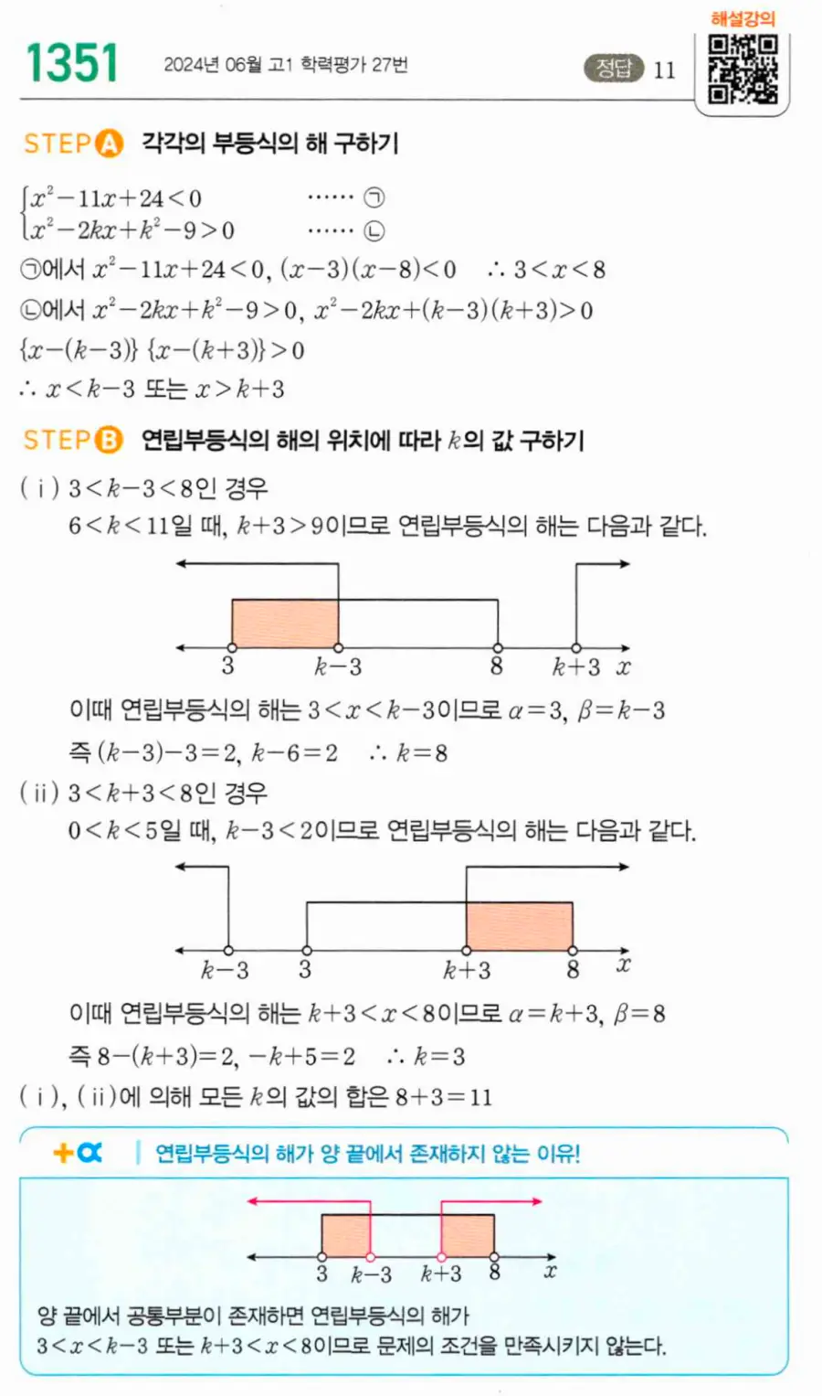 마플시너지공수1답지 1351번 TOUGH 9단원 이차부등식 – 연립부등식 {x²−11x+24 0} 해 α - 답지나라